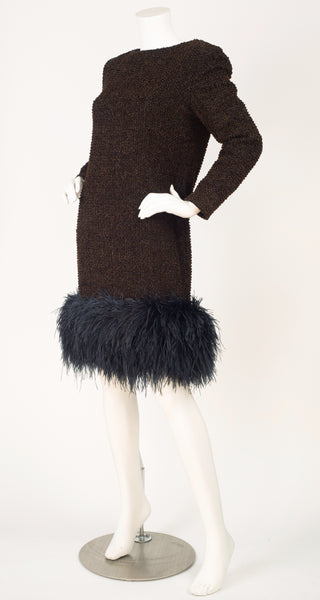 Sully Bonnelly 1990s Brown Chenille Ostrich Feather Trim Cocktail Dress ...