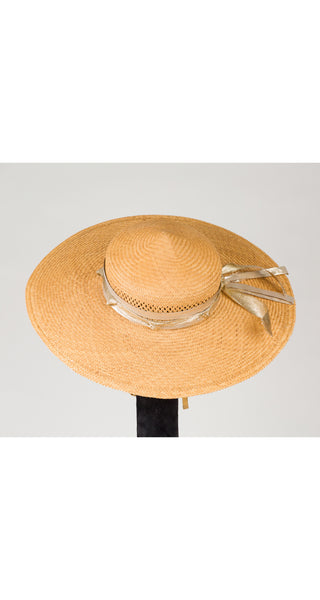 Bloomingdale's 1980s Metallic Gold Band Straw Wide Brim Sun Hat ...
